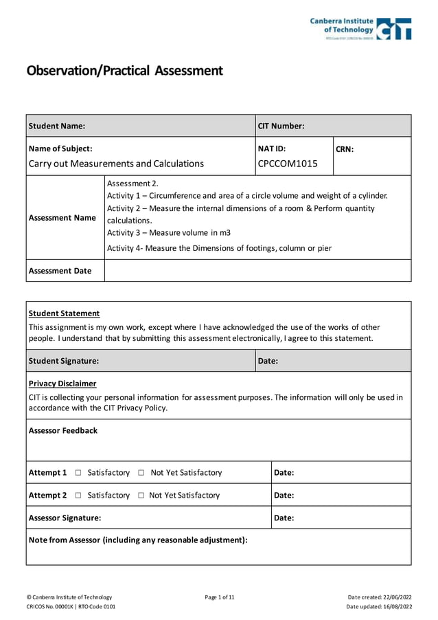 Practical Assessment-measurments and calculations | DOCX | Educational ...