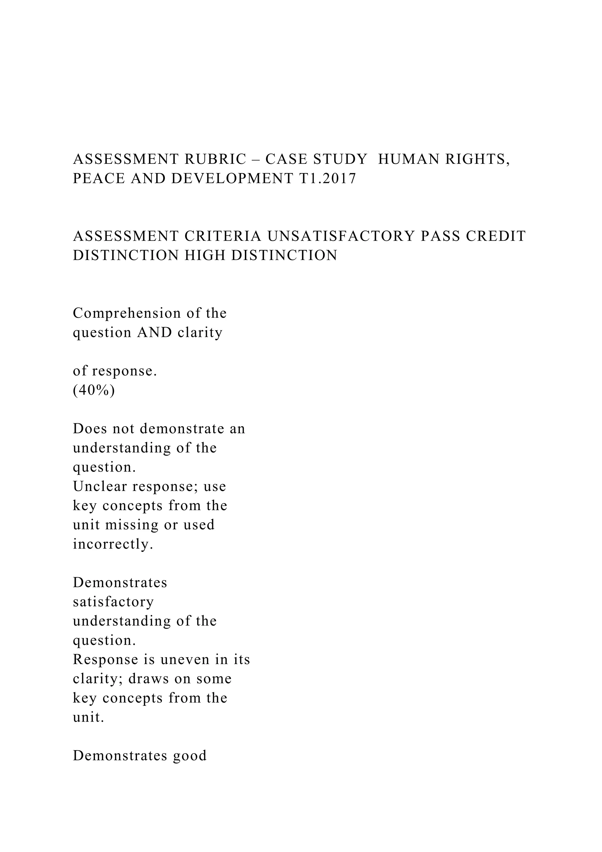ASSESSMENT RUBRIC – CASE STUDY HUMAN RIGHTS, PEACE AND DEVELO.docx ...