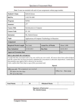 Assessment sheet | PDF