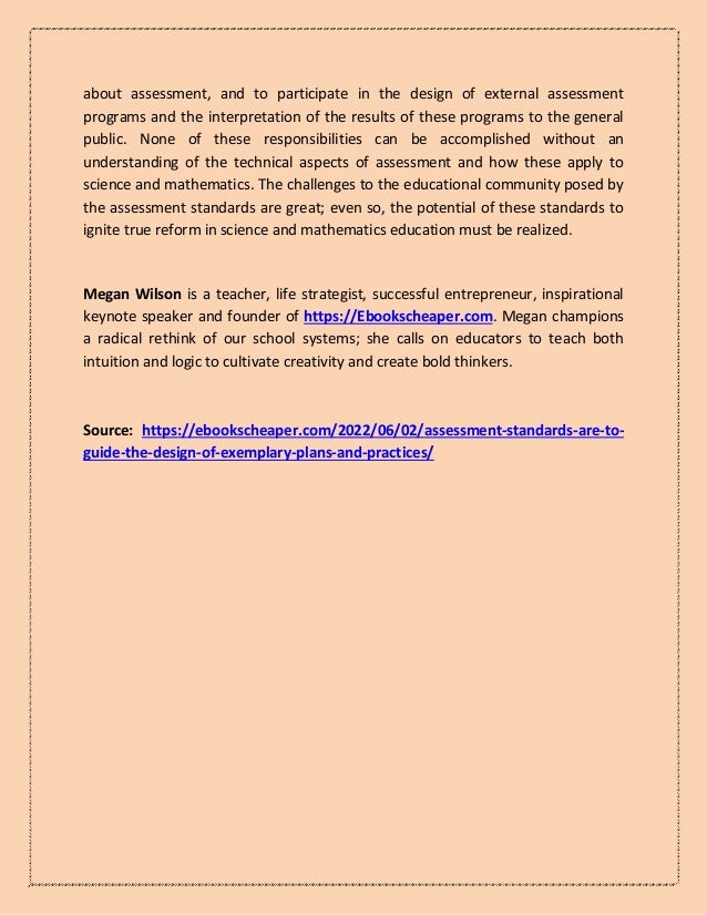 Assessment Standards Are To Guide The Design Of Exemplary Plans And ...