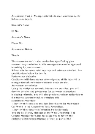 Assessment Task 2 Manage networks to meet customer needsSubmissio.docx