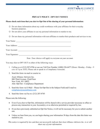Asset alliance Privacy Policy -Opt Out Notice | PDF