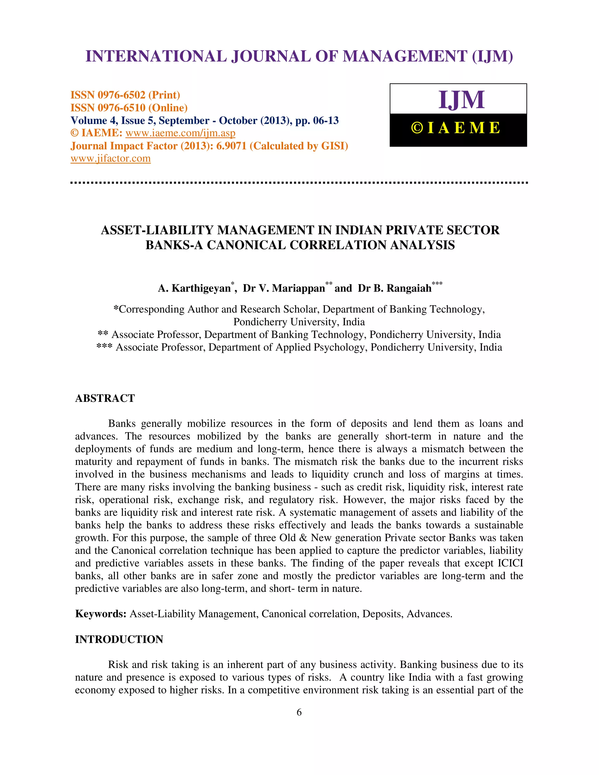 Asset liability management in indian private sector banks-a canonical ...