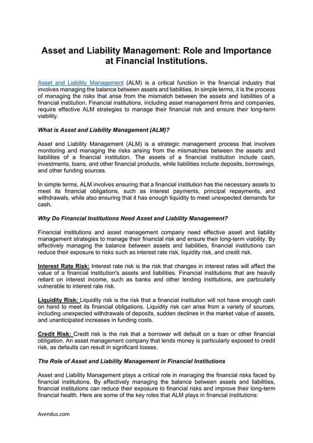 Asset and Liability Management Role and Importance at Financial ...