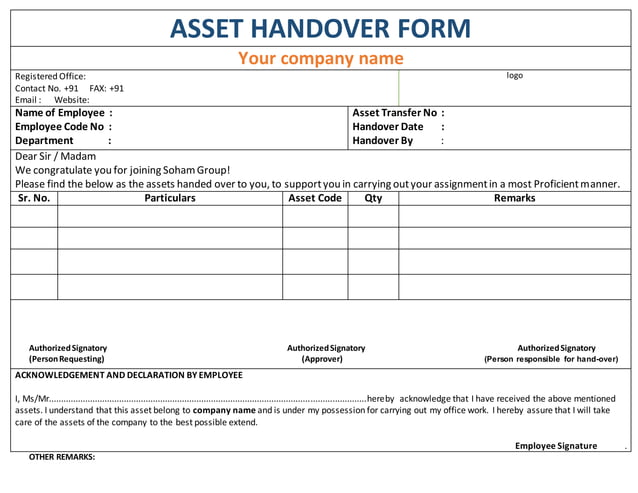 Asset handover form | DOCX