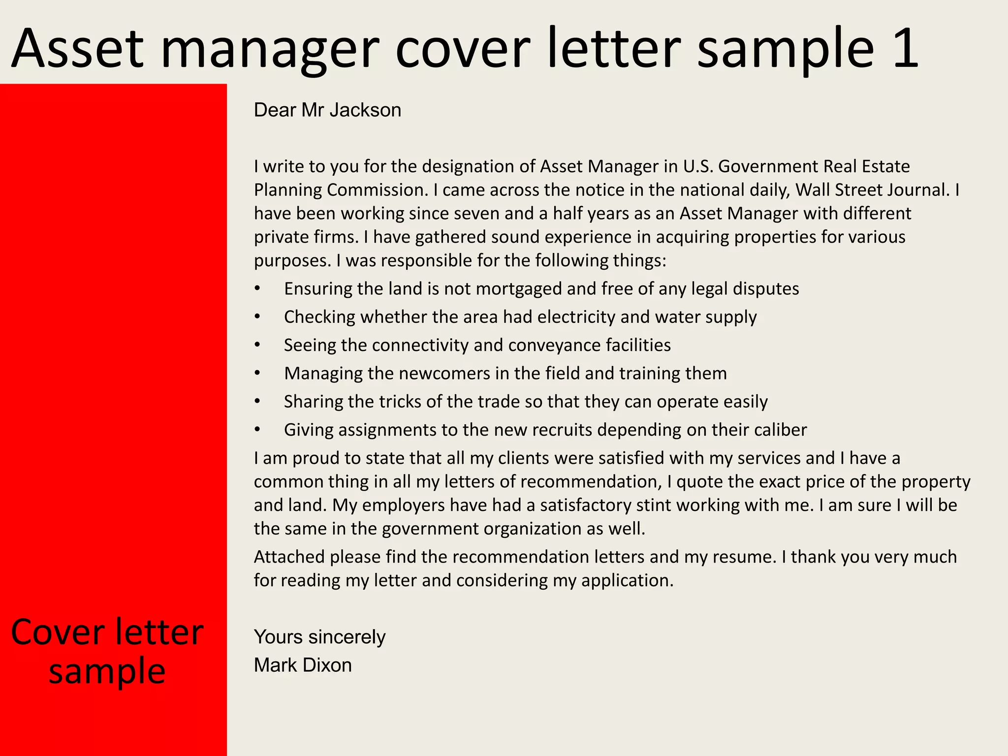 Asset manager cover letter | PPTX | Real Estate Industry | Industries
