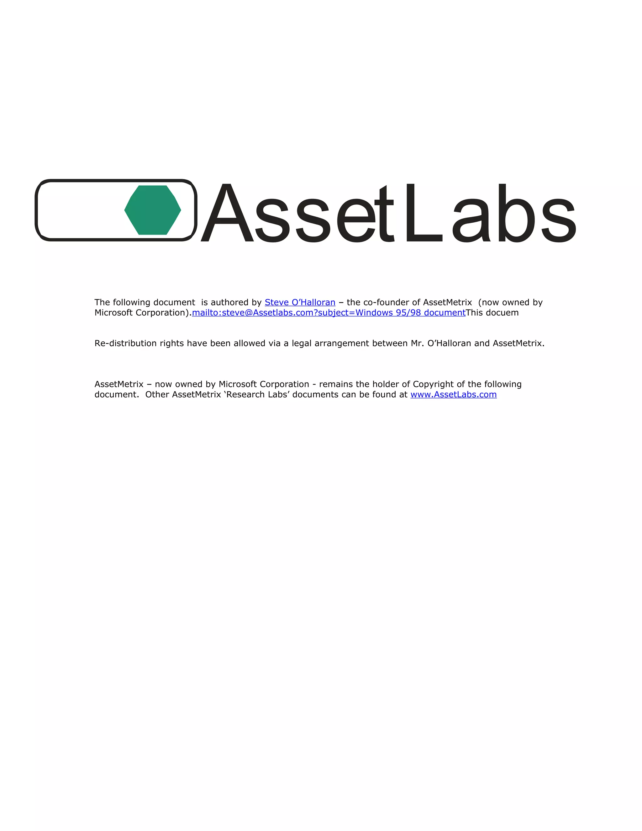 Asset Metrix Win98 Analysis Asset Labs Edition | DOC