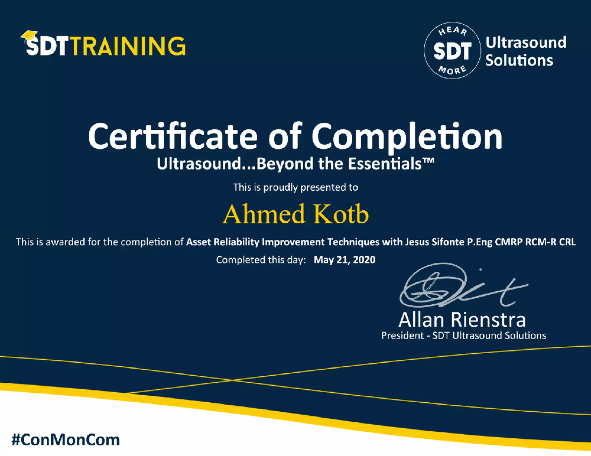 Certificate of Completion "Ultrasound…Beyond the Essentials™ – Asset Reliability Improvement ...