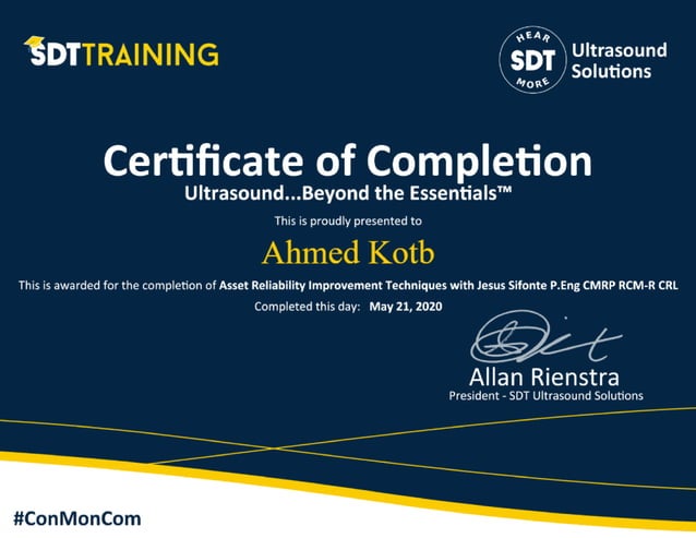 Certificate of Completion "Ultrasound…Beyond the Essentials™ – Asset Reliability Improvement ...