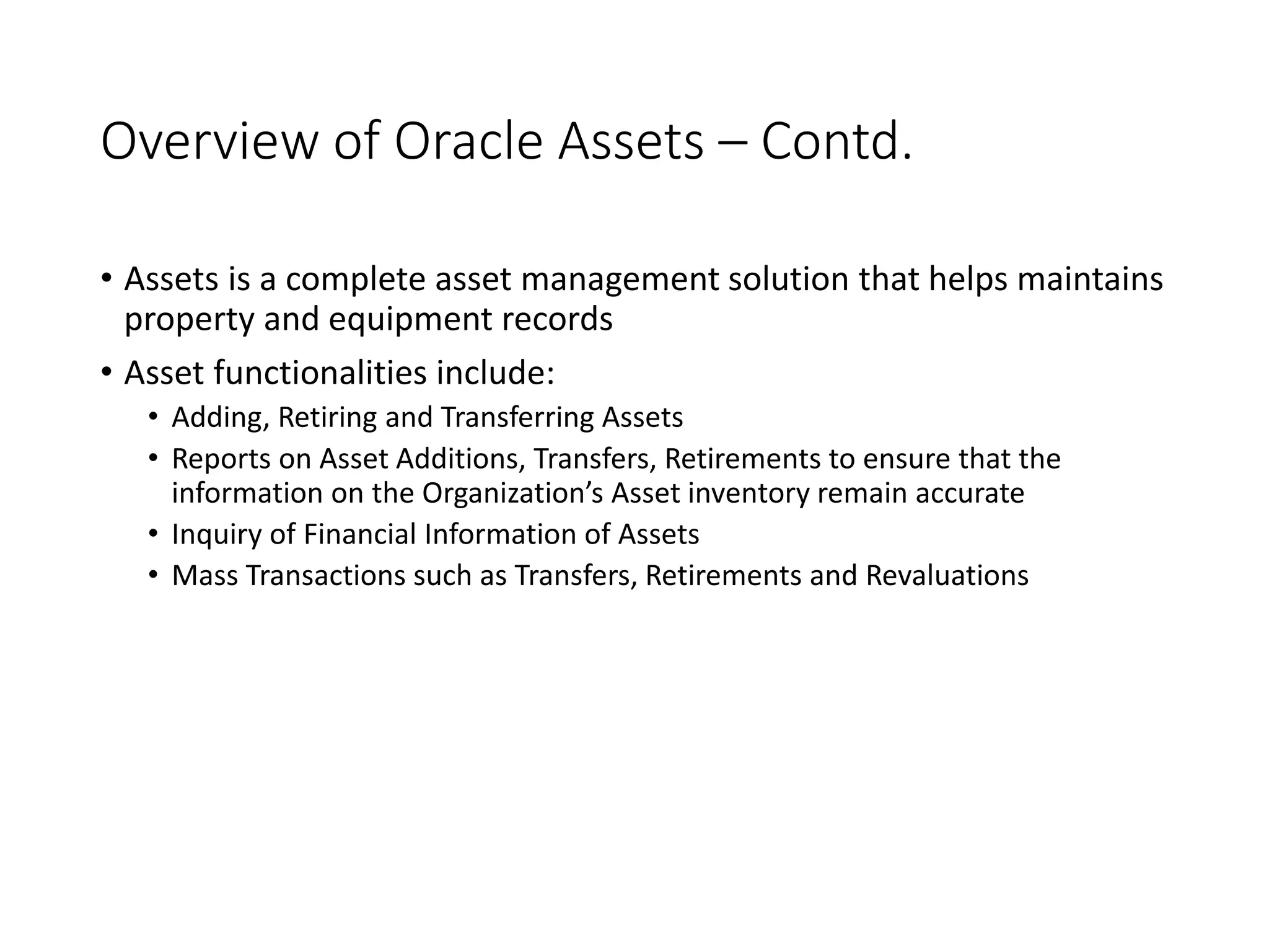 R12 EBS ORACLE ASSETS -OVERVIEW OF ASSETS | PPT