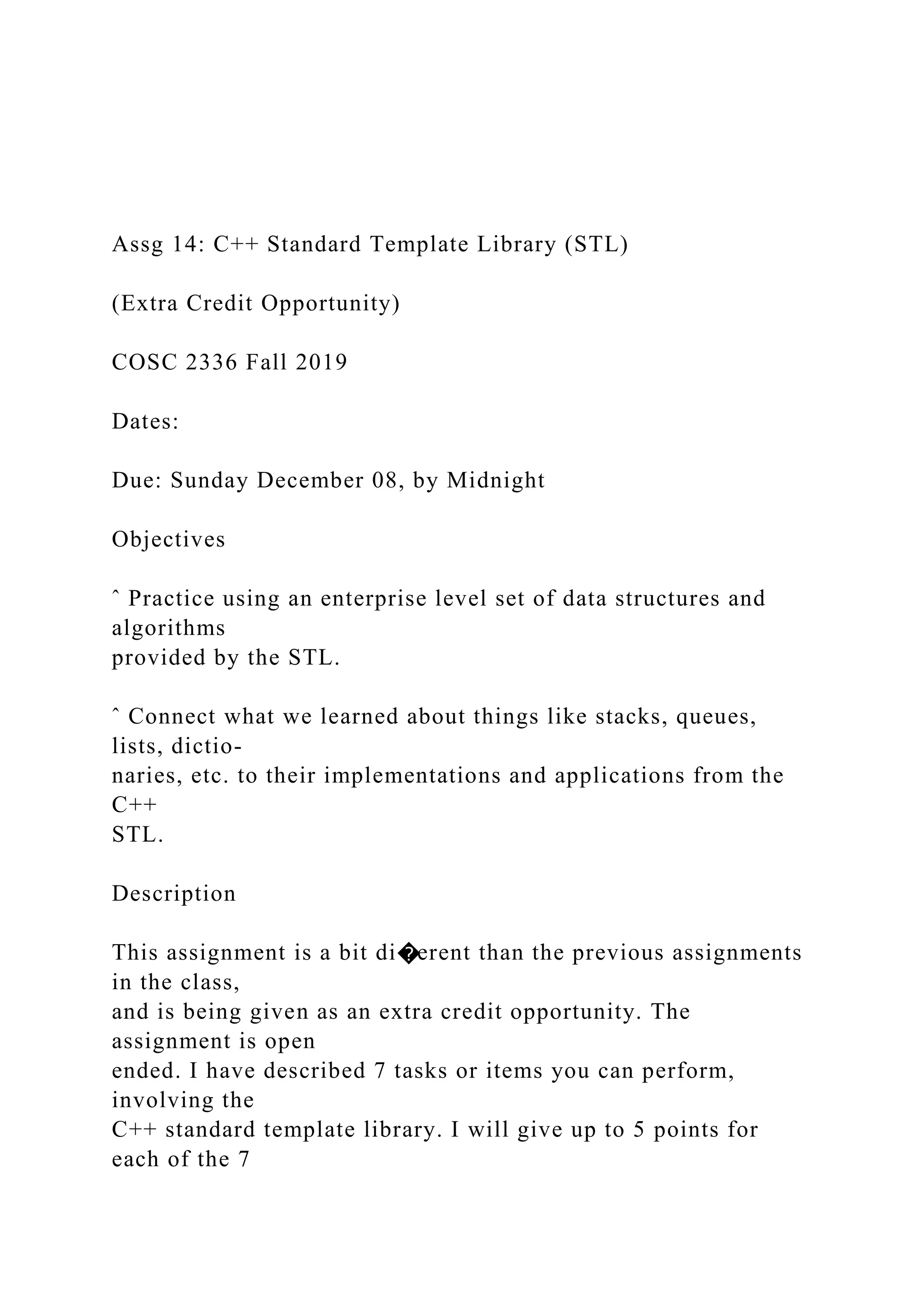 Assg 14 C Standard Template Library Stlextra Credit Docx
