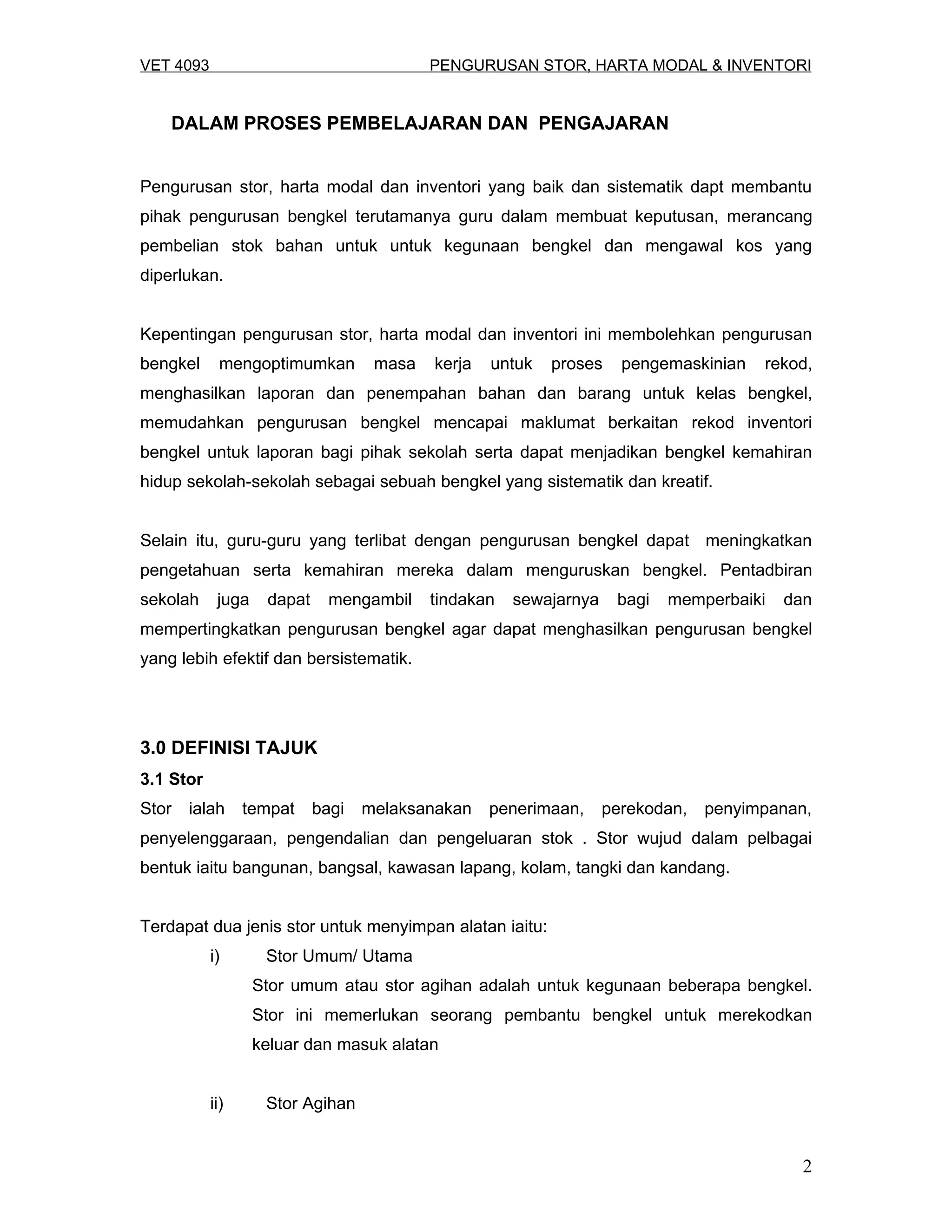 VET 4093- Pengurusan Stor, Harta Modal dan Inventori | DOC