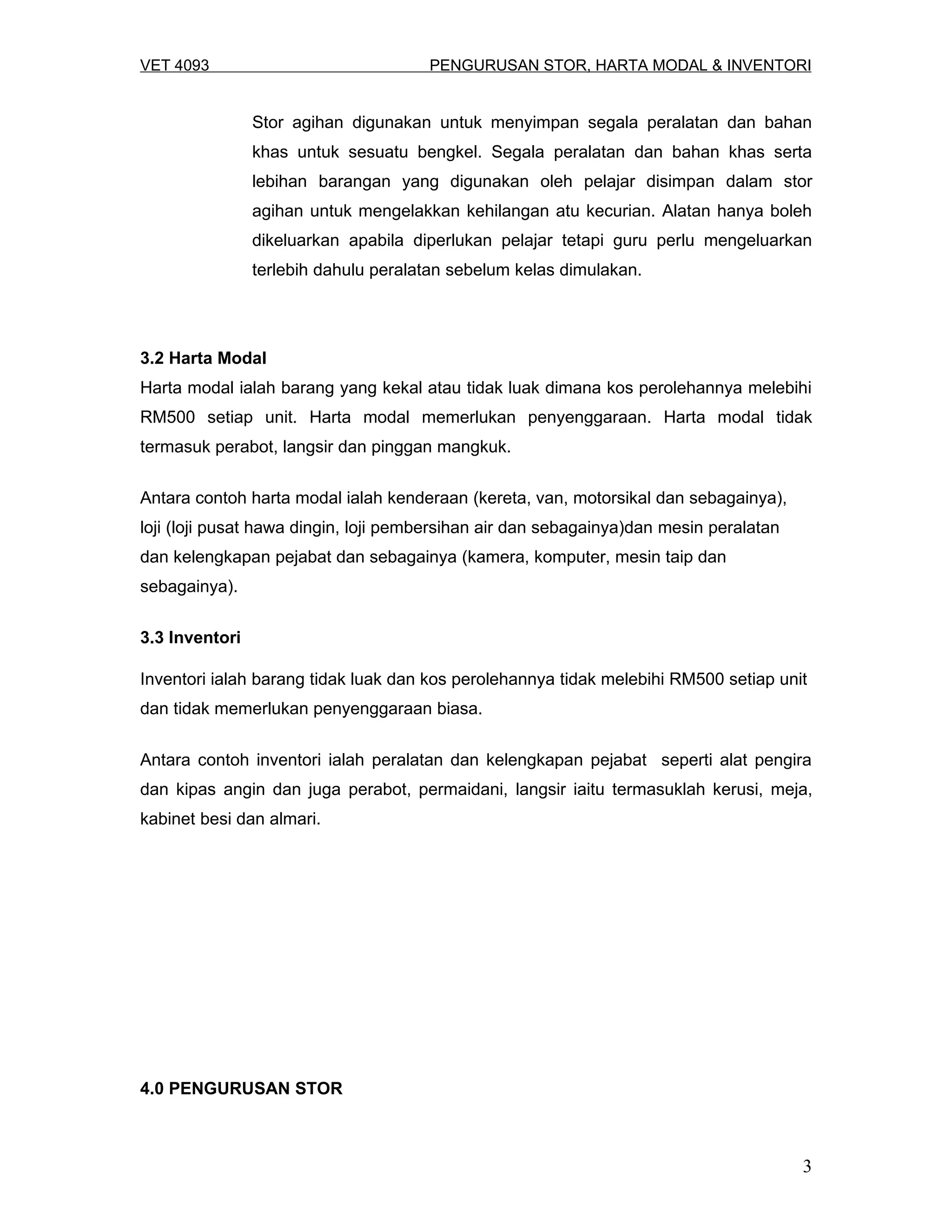 VET 4093- Pengurusan Stor, Harta Modal dan Inventori | DOC