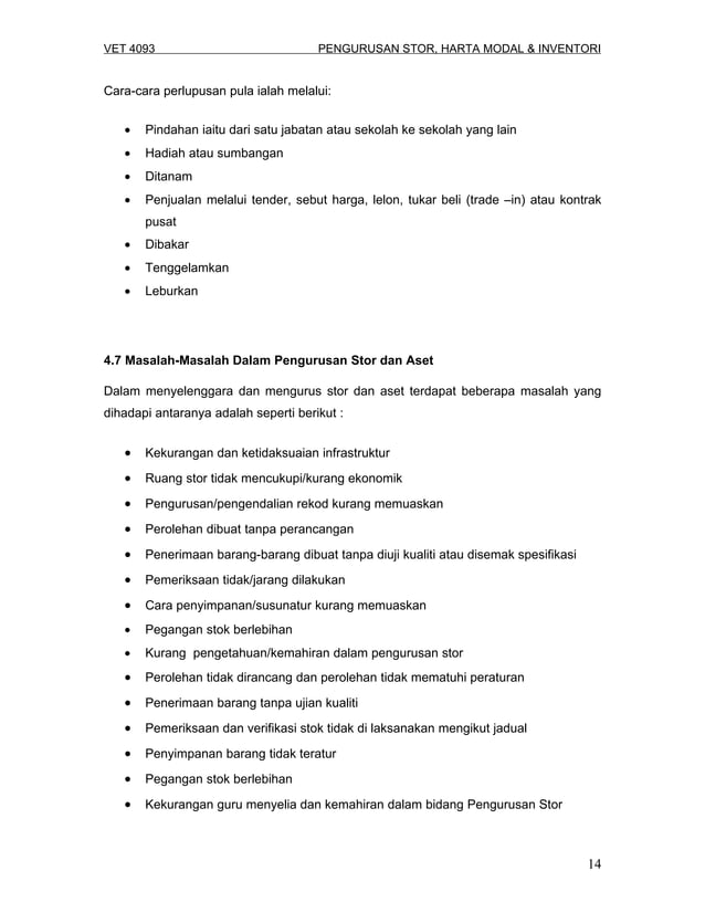 VET 4093- Pengurusan Stor, Harta Modal dan Inventori | DOC