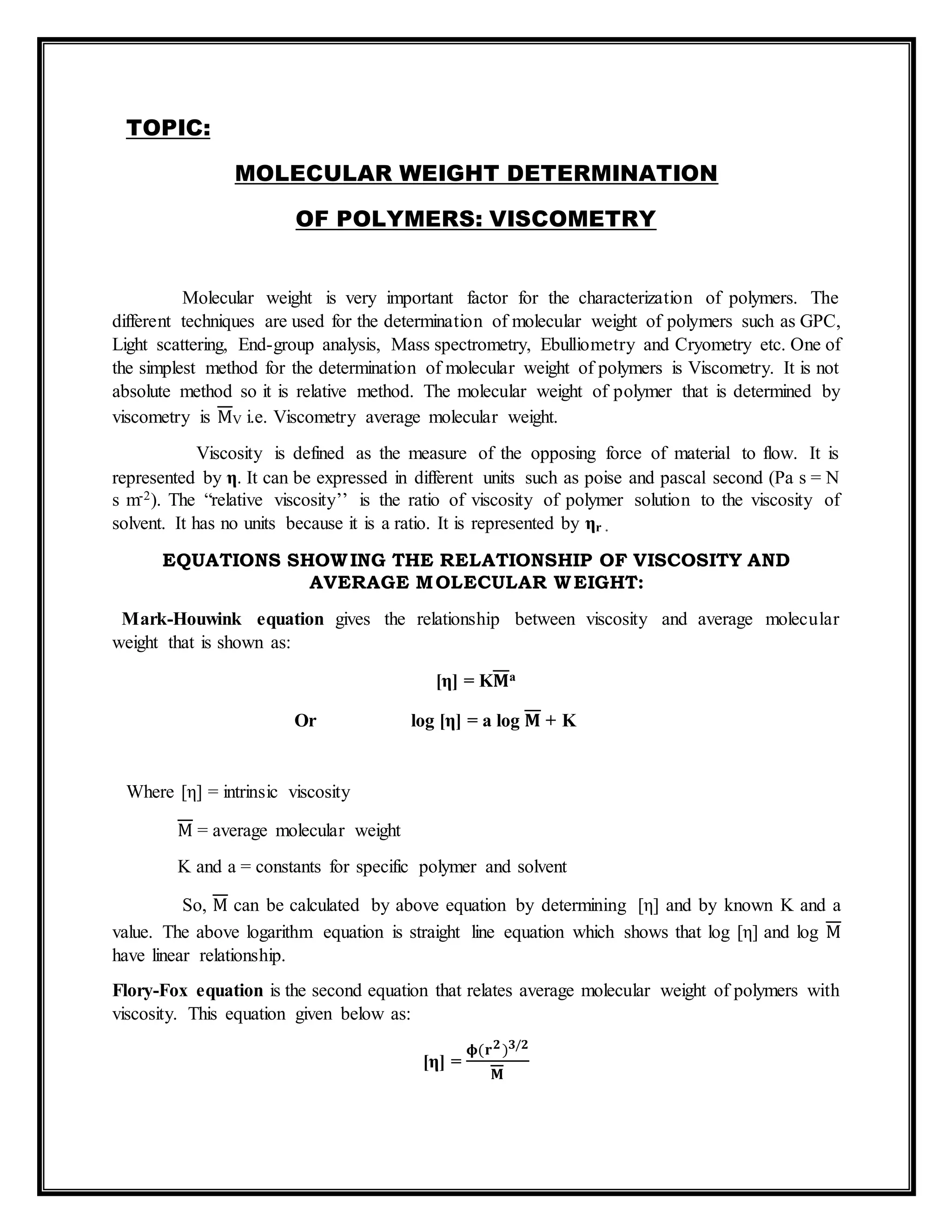 Molecular weight determination of polymers by viscometry | DOCX