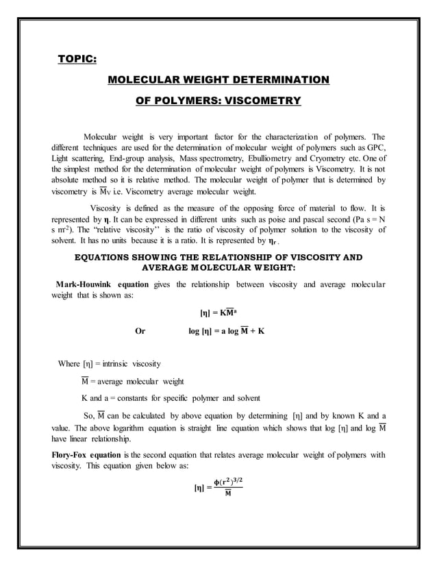 Molecular weight determination of polymers by viscometry | DOCX ...