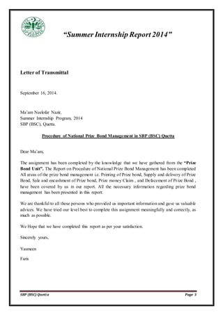 internship report on the Procedure Of prize bond management in SBP(BSC ...