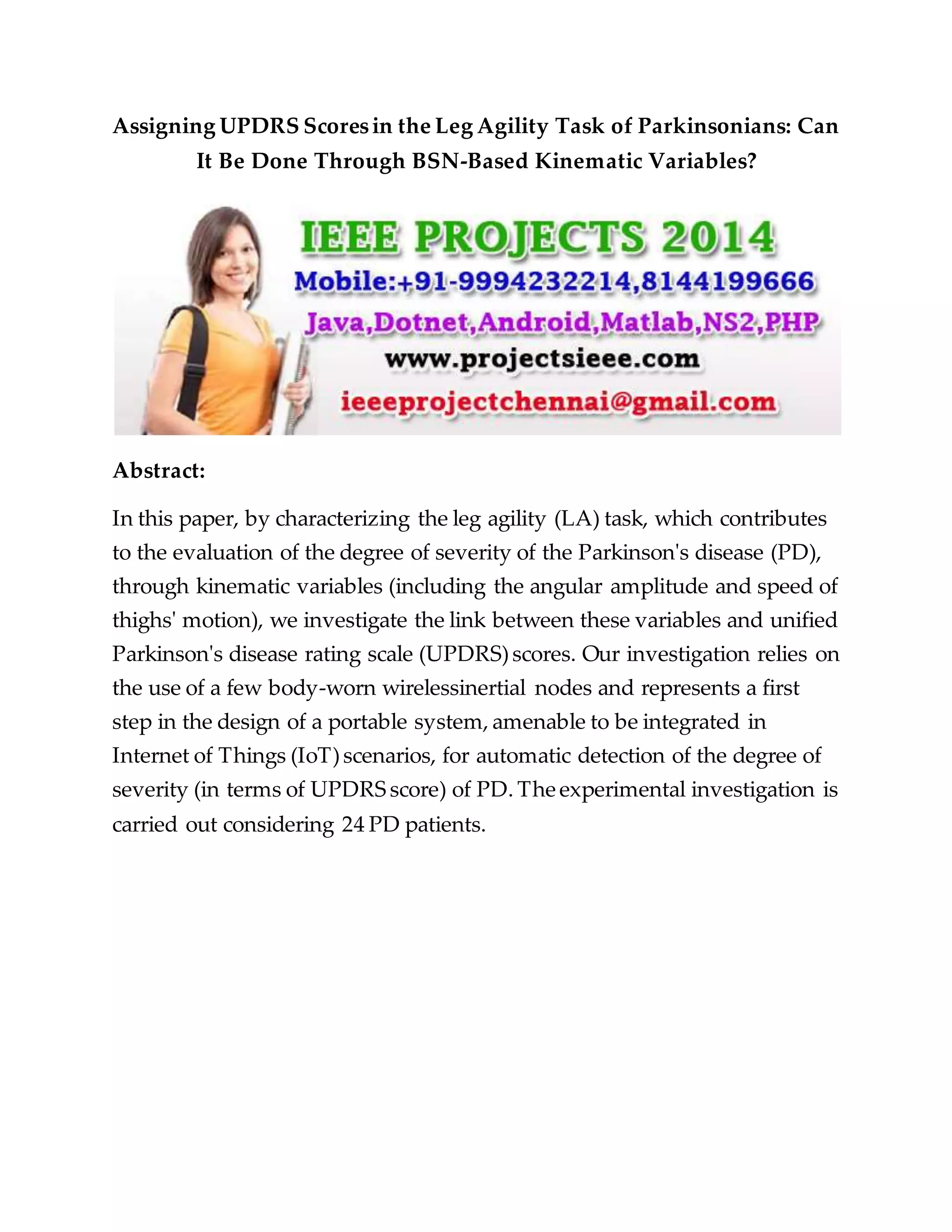 Assigning updrs scores in the leg agility task of parkinsonians can it ...