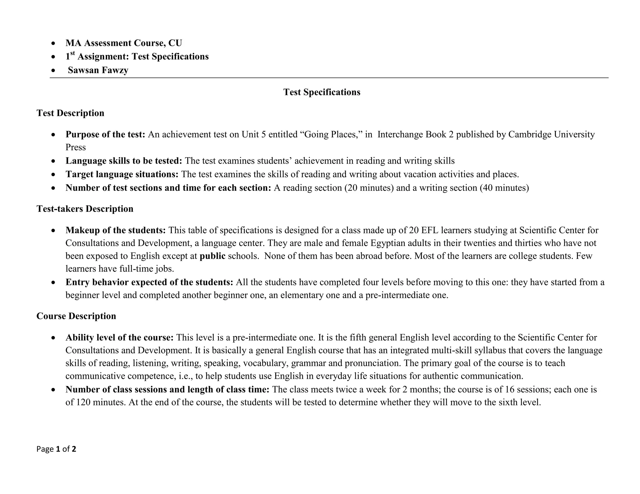 SampleTest Specifications Table | PPT