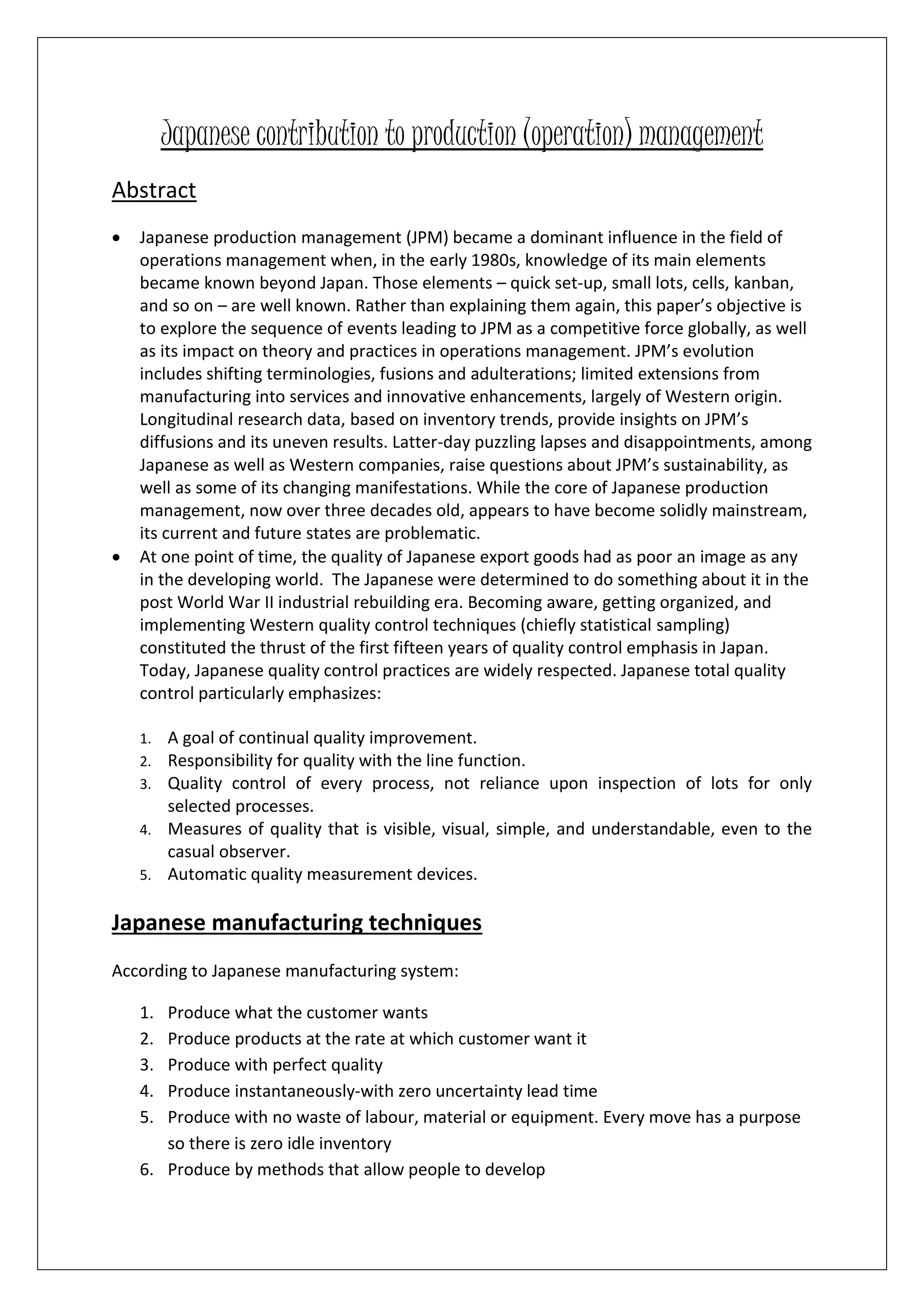 JAPANESE CONTRIBUTION TO PRODUCTION (OPERATION) MANAGEMENT | DOCX