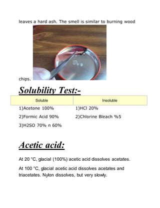 Microscopic View of fibers and their identification , solubility test ...