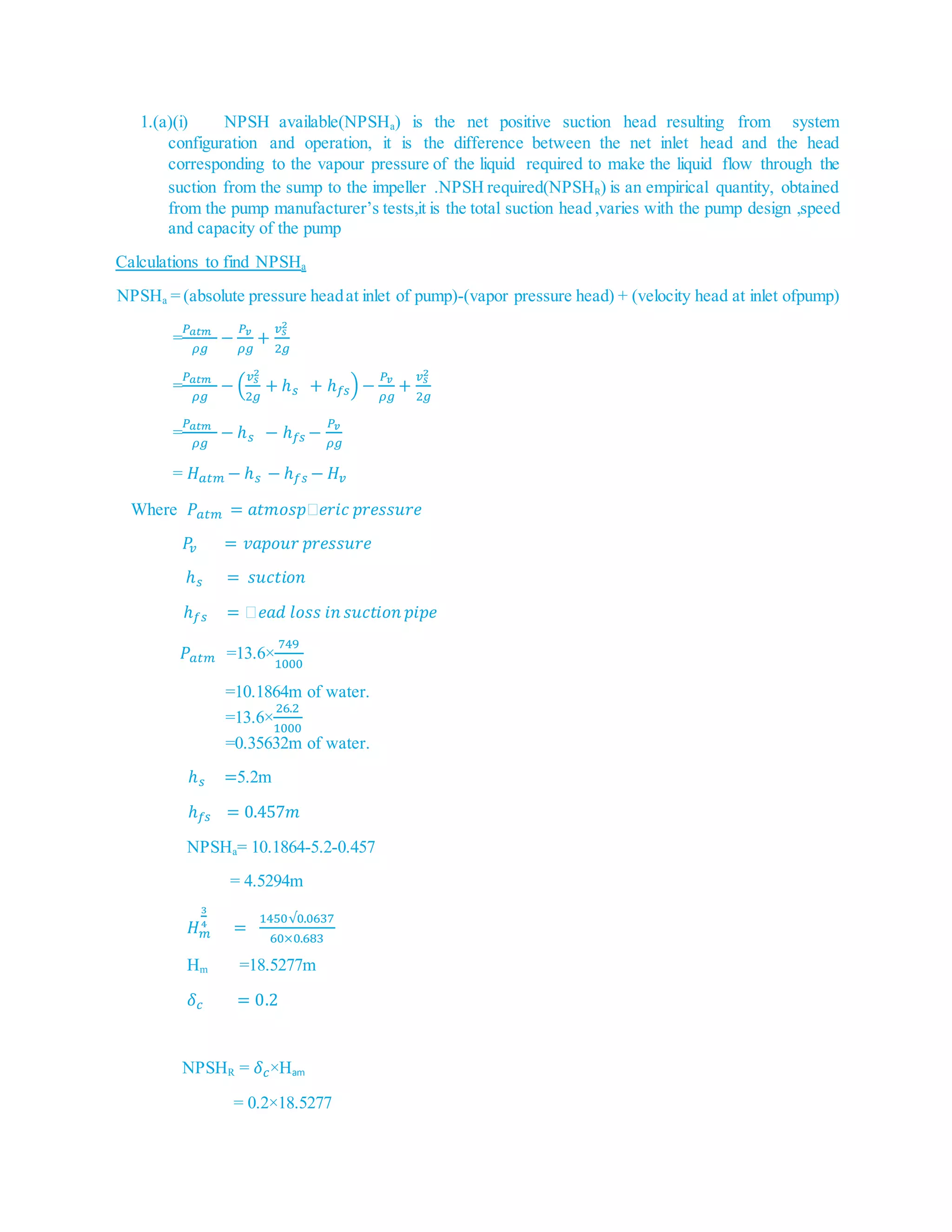 Assignment for calculating NPSH available and NPSH required | PDF