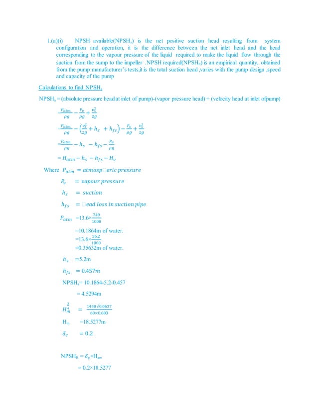 Assignment for calculating NPSH available and NPSH required | PDF
