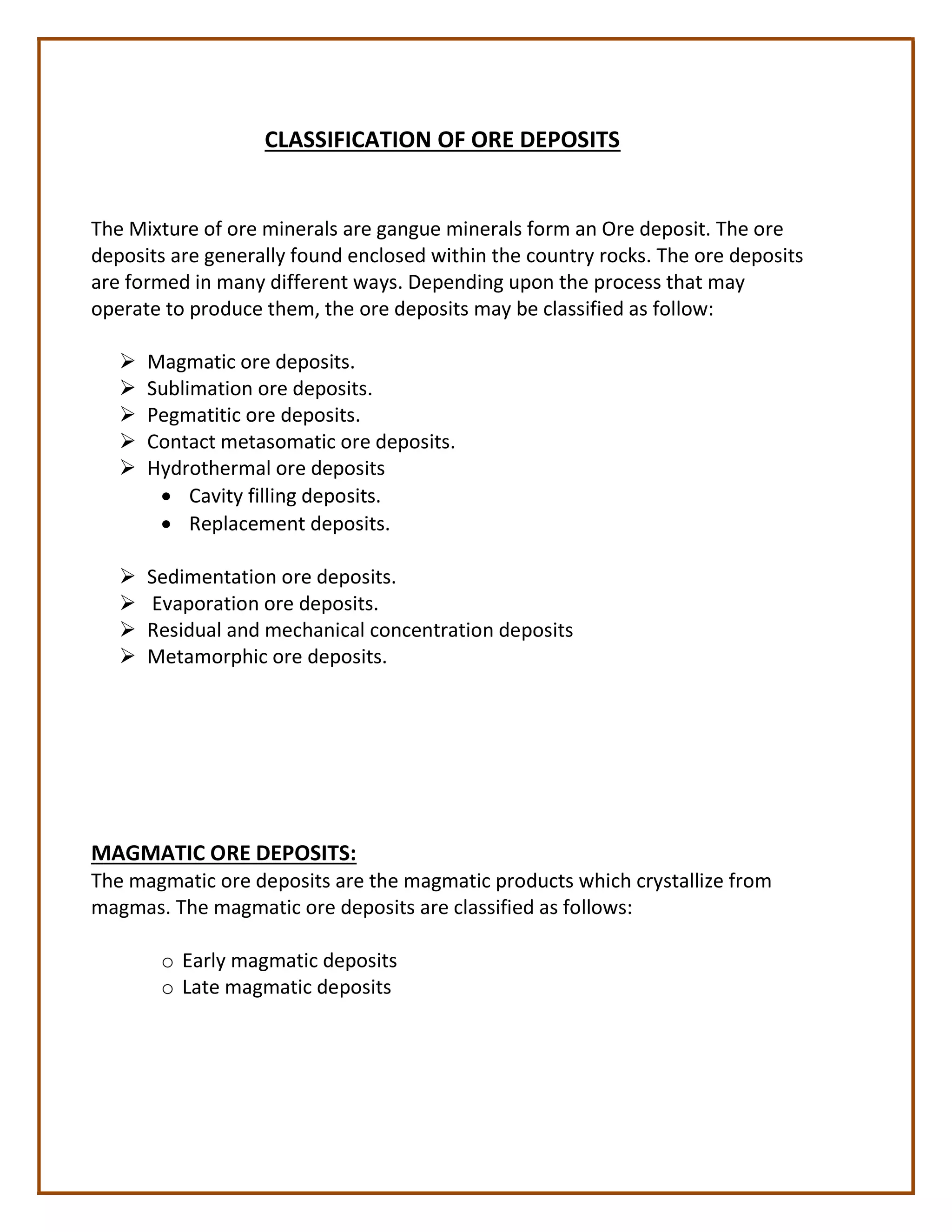 Classification of Ore Deposits | Economic Geology | PDF