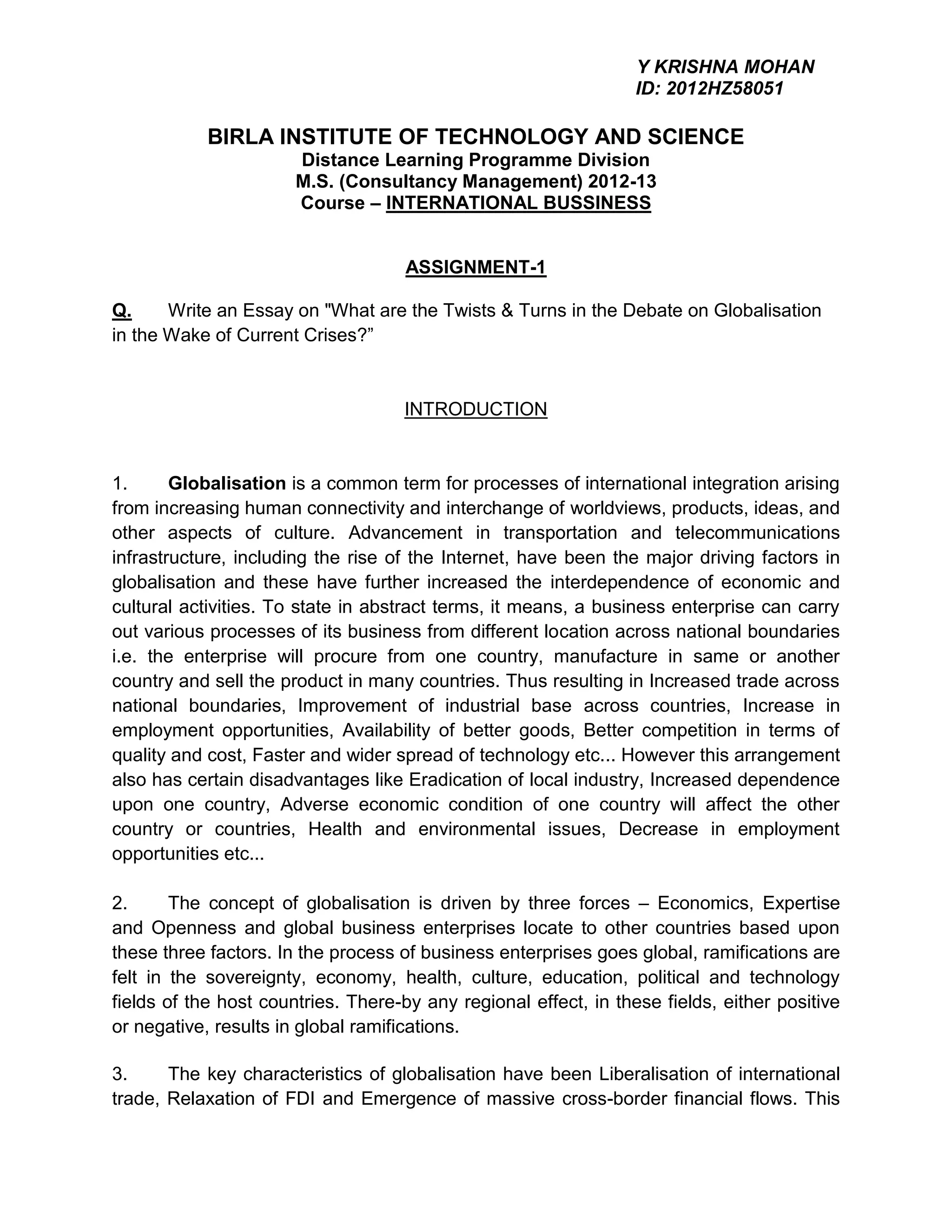 Assignment ib- twists and turns in globalisation (autosaved) | PDF