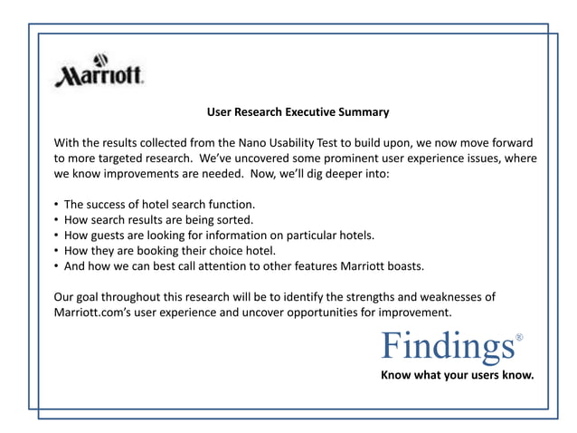 Slide Show on User Research Goals and Questions for Marriott.com