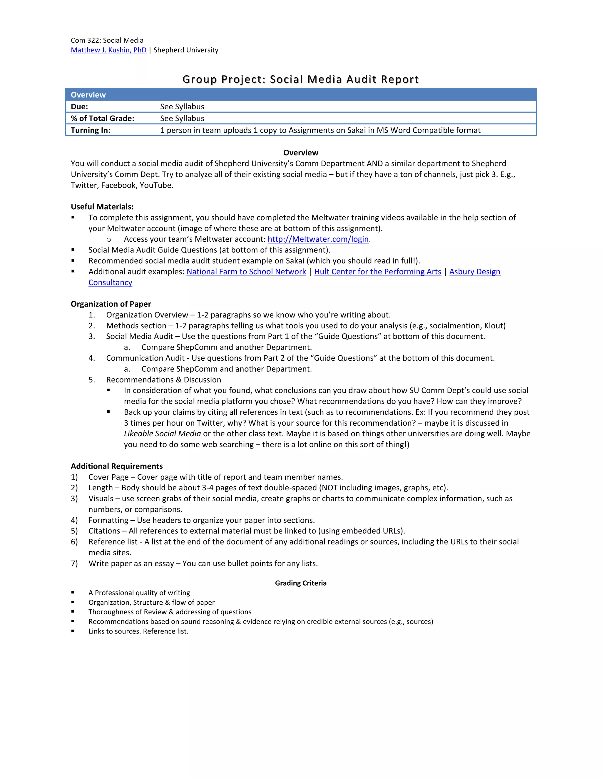 Social media audit assignment for social media class | PDF