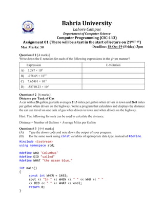 Bahria University computer programming assignment | PDF
