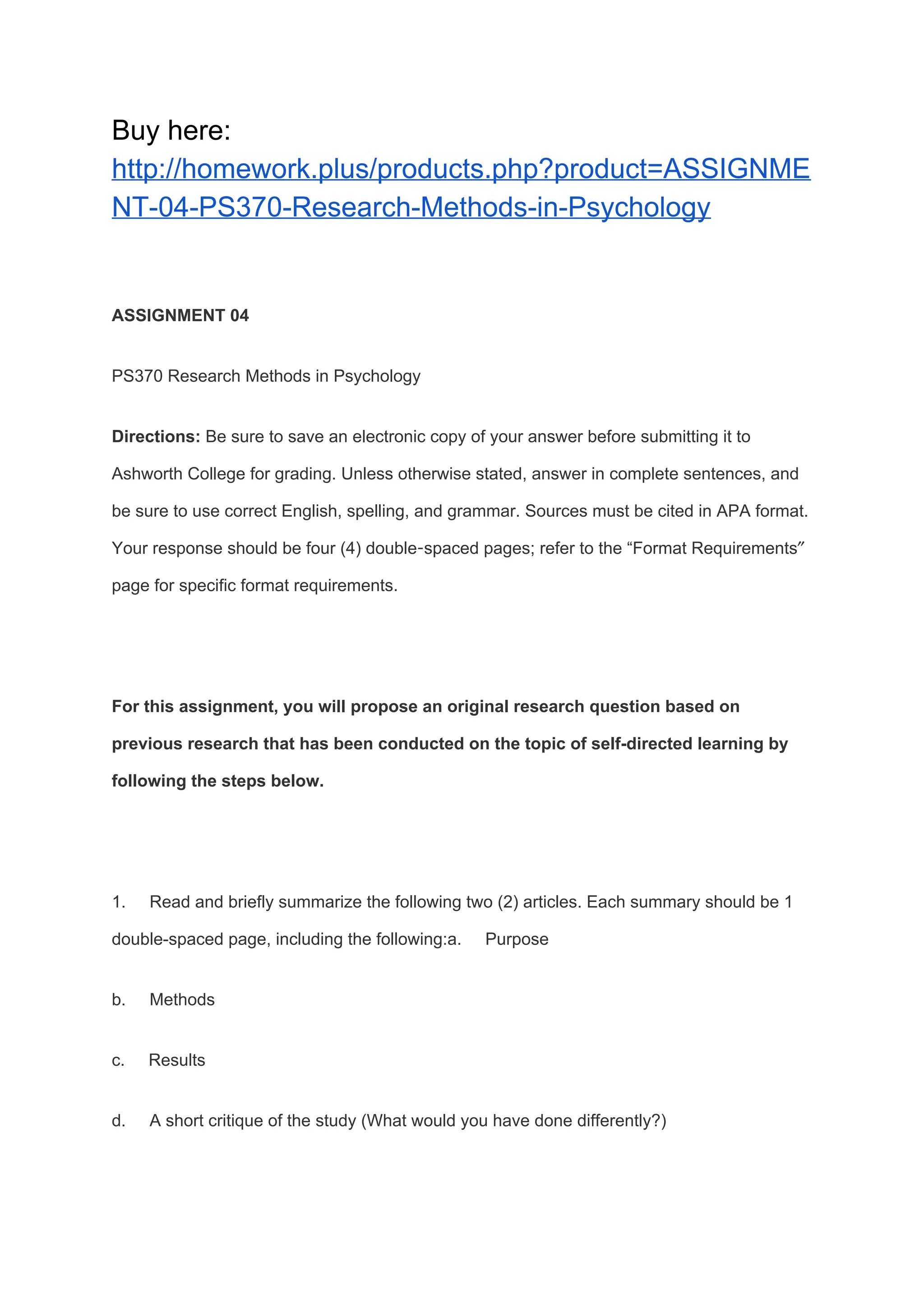 ASSIGNMENT 04 PS370 Research Methods in Psychology | PDF