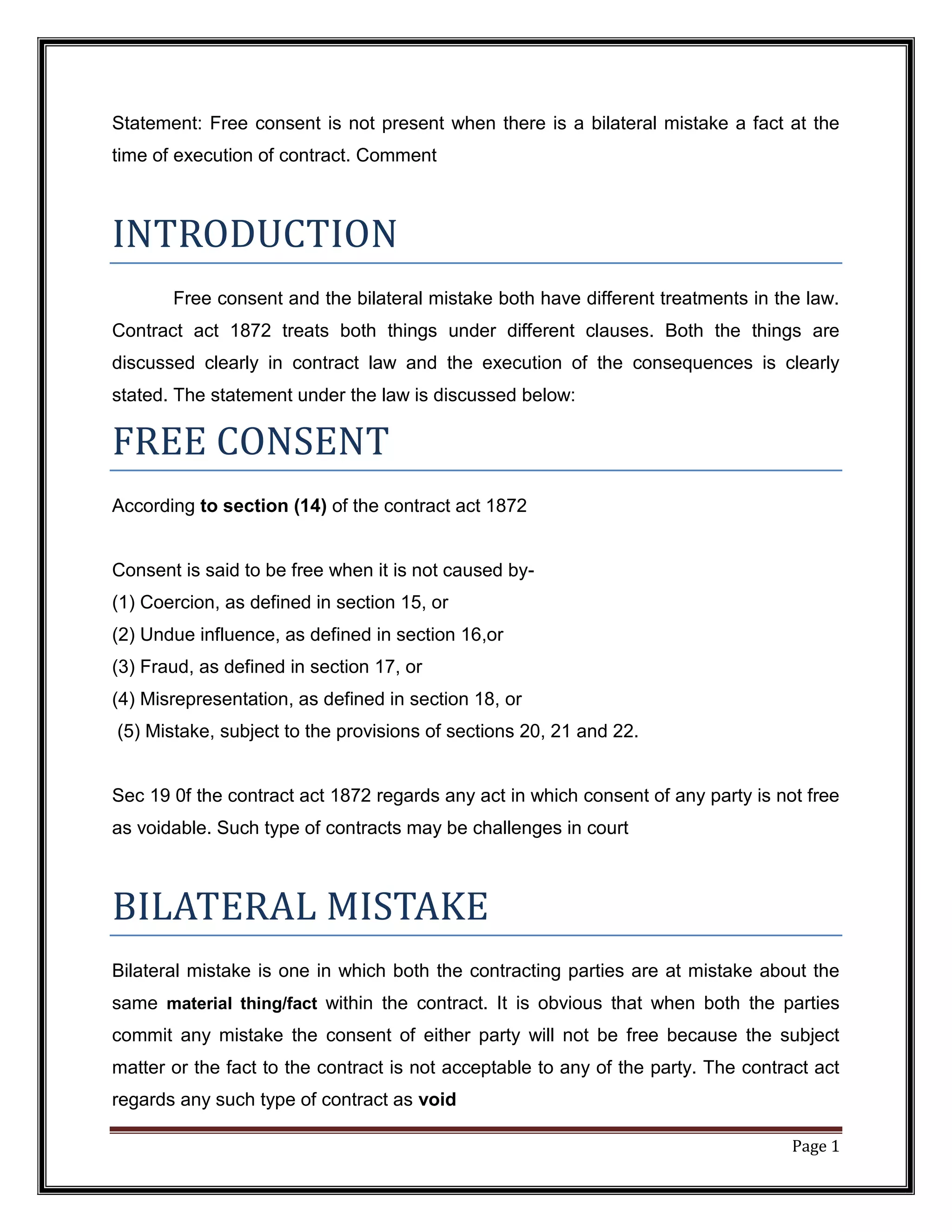 Free consent and bilateral mistake in contract law | PDF
