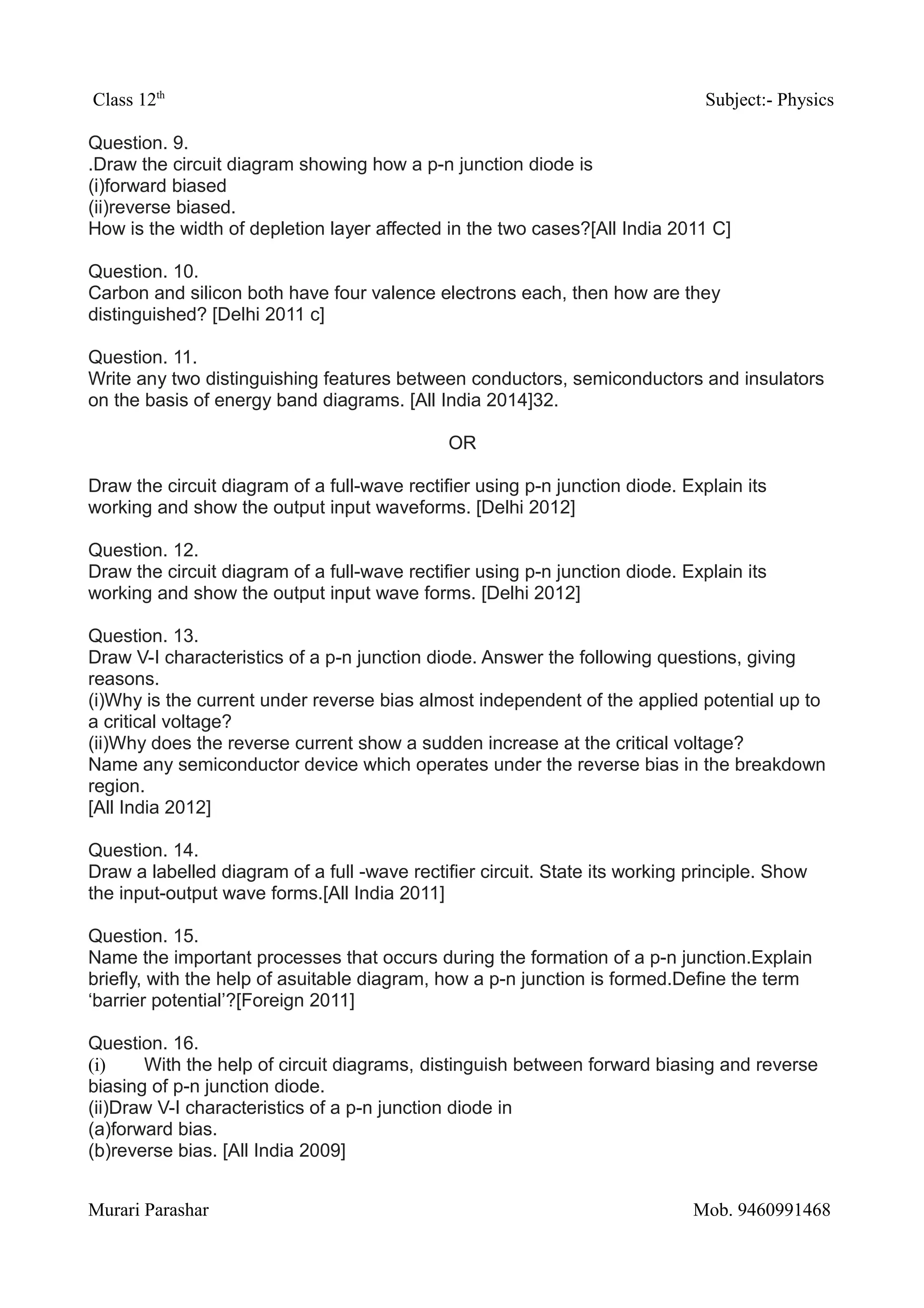 Assignment 1 related to Semiconductor for class 12 | PDF