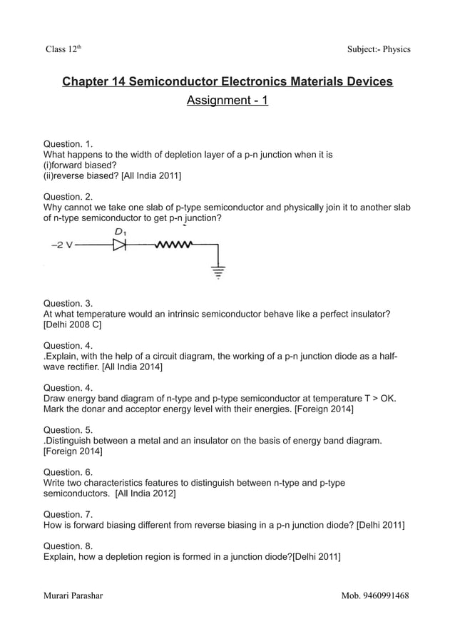 Assignment 1 related to Semiconductor for class 12 | PDF
