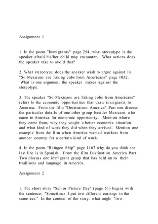 Assignment 11. In the poem Immigrants page 254, what ste | PDF