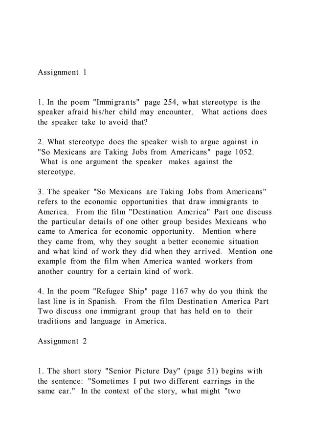 Assignment 11. In the poem Immigrants page 254, what ste | PDF