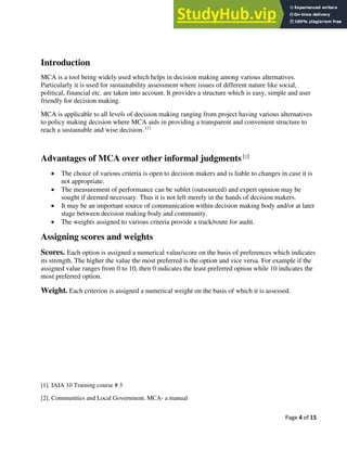 Assignment 1 An Application Of Concepts Of Sustainability And MCA Using ...