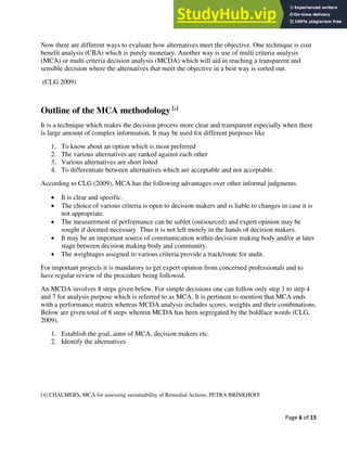 Assignment 1 An Application Of Concepts Of Sustainability And MCA Using ...