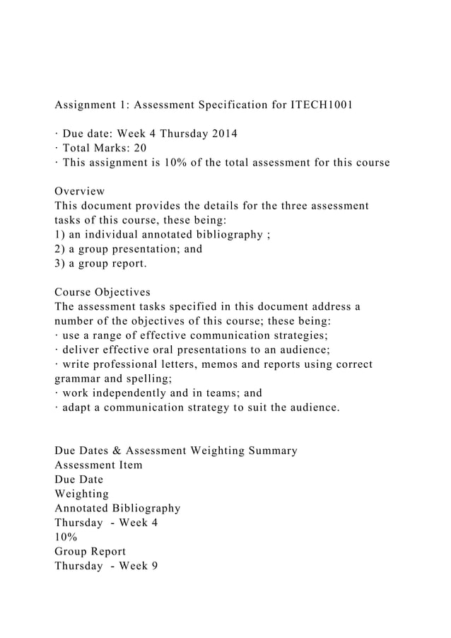 Assignment 1 Assessment Specification for ITECH1001 · Due d.docx