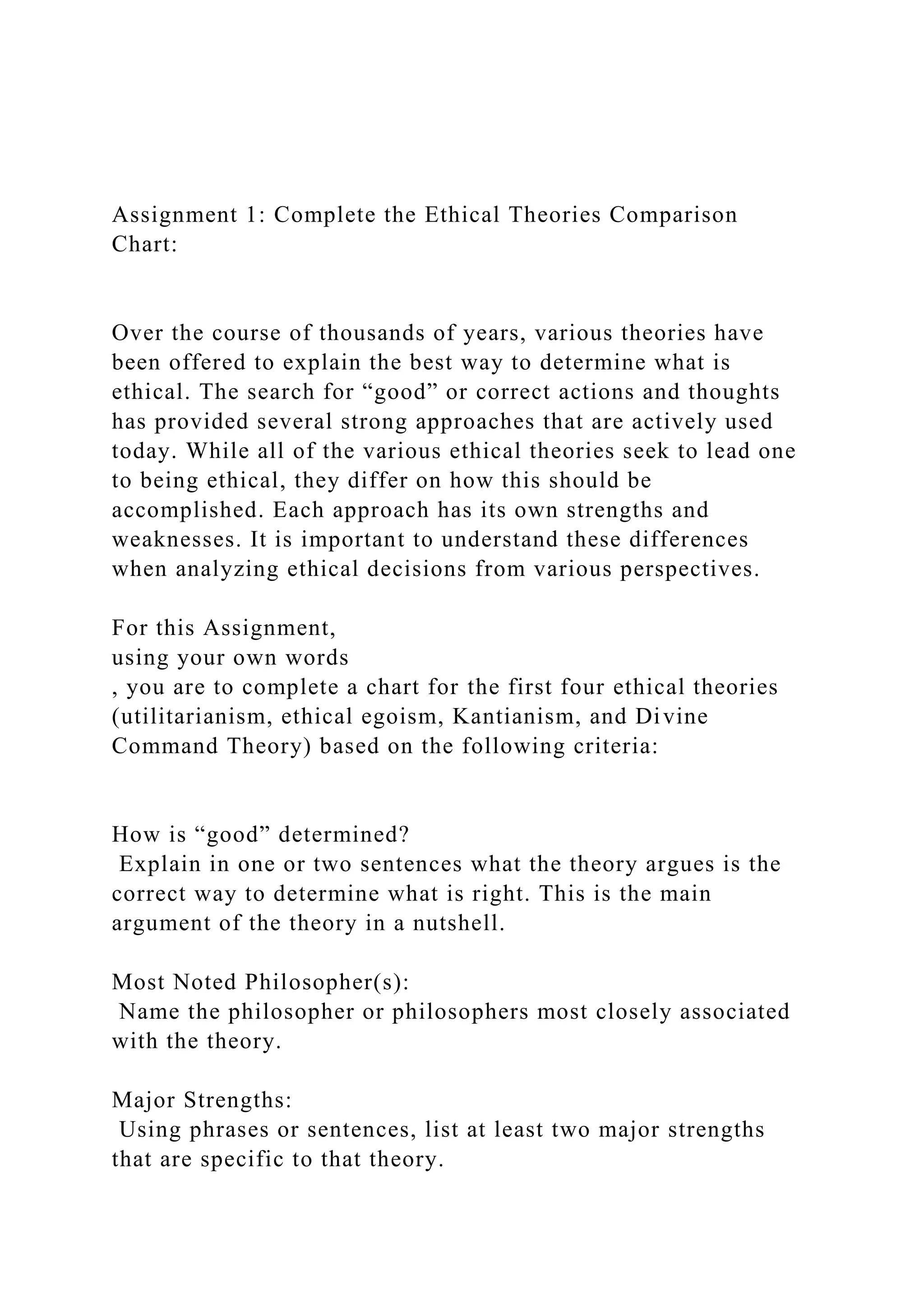 Assignment 1 Complete the Ethical Theories Comparison Chart.docx