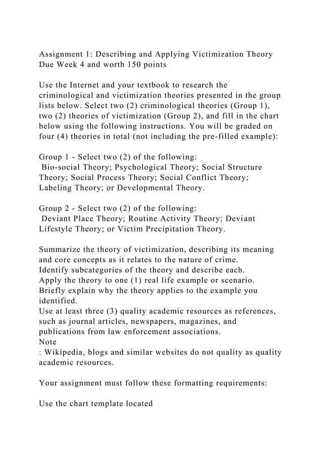 Assignment 1 Describing and Applying Victimization TheoryDue Week.docx