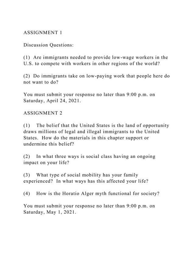 ASSIGNMENT 1Discussion Questions(1) Are immigrants needed .docx