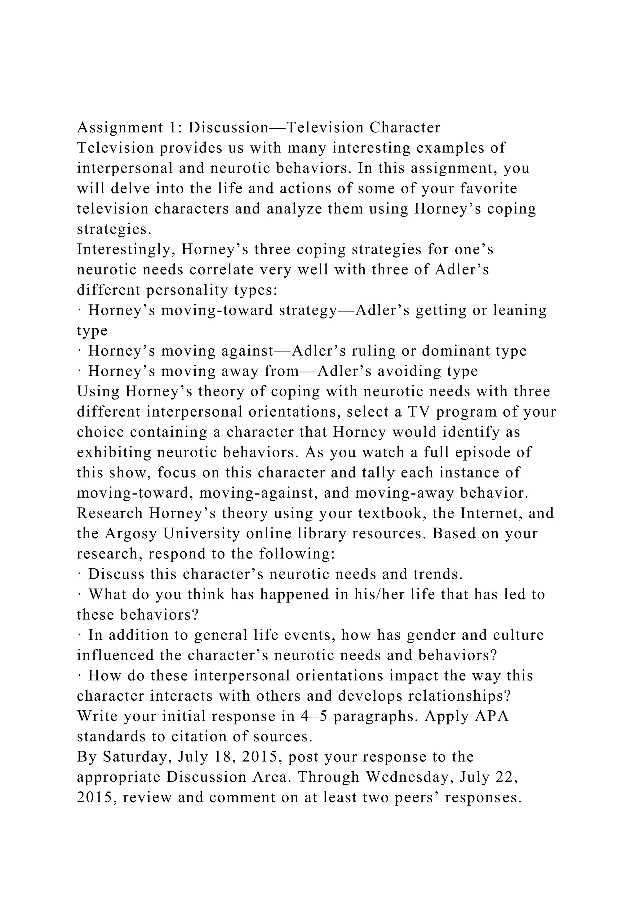 Assignment 1 Discussion—Television CharacterTelevision provides.docx