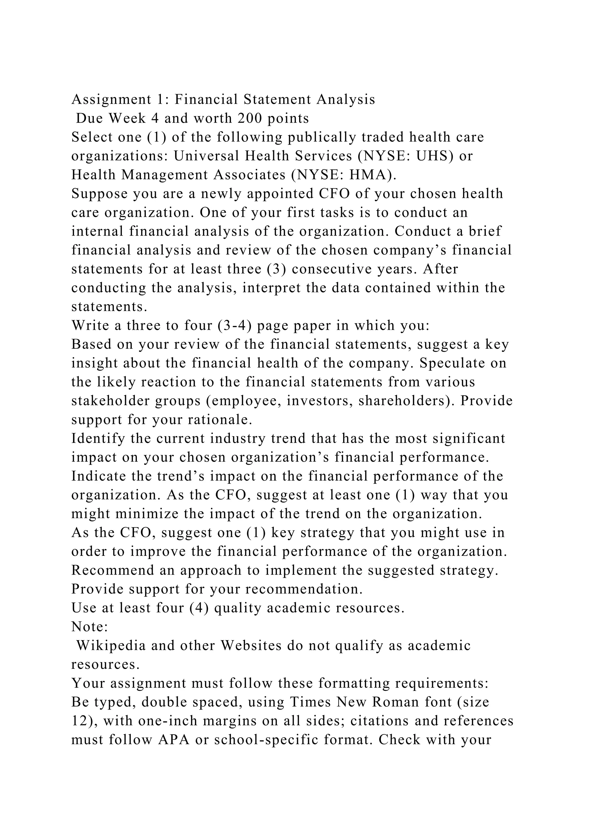 Assignment 1 Financial Statement Analysis Due Week 4 and worth 20.docx