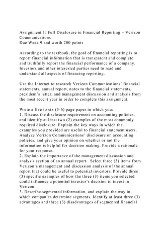 Assignment 1 Full Disclosure in Financial Reporting – Verizon Com.docx ...