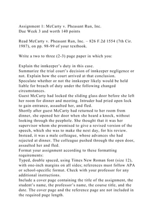 Assignment 1 McCarty v. Pheasant Run, Inc.Due Week 3 and worth 14.docx