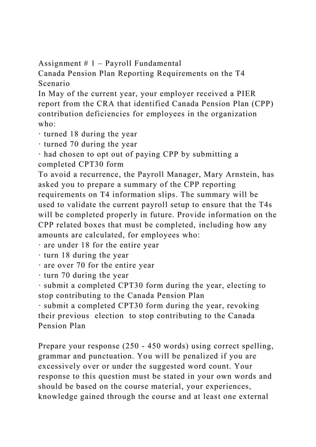 Assignment # 1 – Payroll FundamentalCanada Pension Plan Reportin.docx