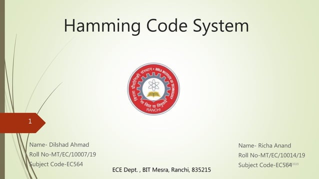 Hamming Code System Pptx Programming Languages Computing